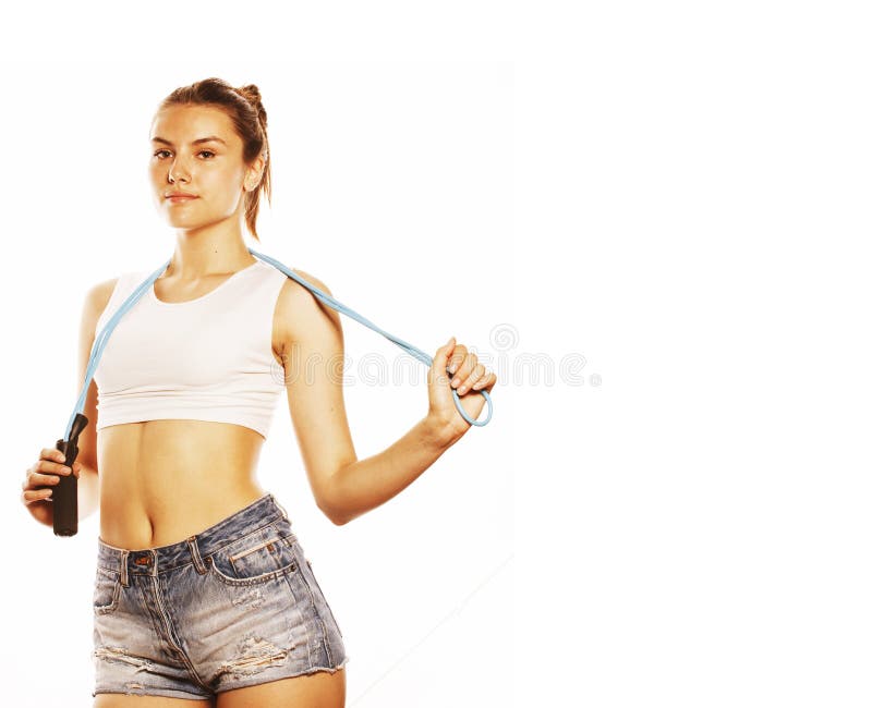 Young Pretty Woman with Skipping Rope Isolated on White Stock Photo ...