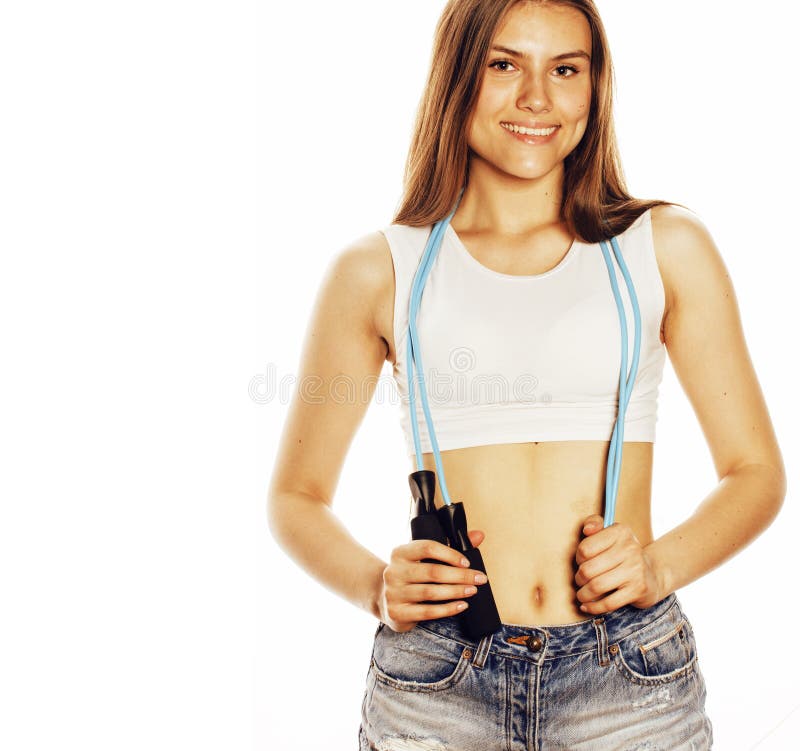 Young Pretty Woman with Skipping Rope Isolated on White Stock Photo ...