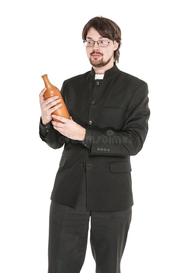 Young Cheerful Priest with Bottle of Alcohol Isolated Stock Photo ...
