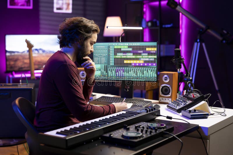 Young Producer Writing Rhymes and Words To Create New Music in Home ...