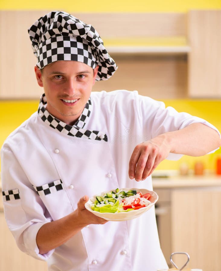 Young Professional Cook Preparing Salad at Kitchen Stock Image - Image ...
