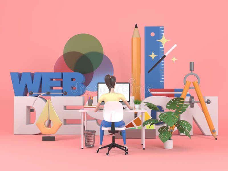 Girl Web Designer in a Working Environment. 3d Icons and Graphic Design ...