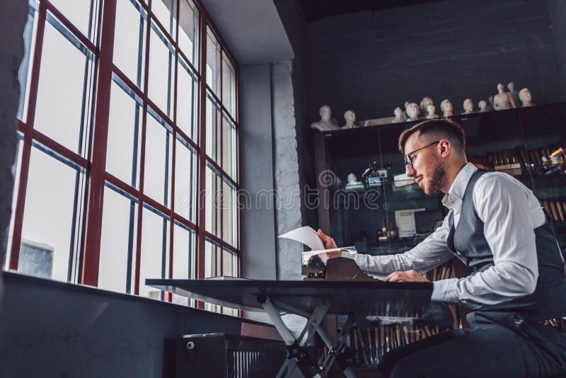 Young Professional with Retro Typewriter Stock Photo - Image of writer ...