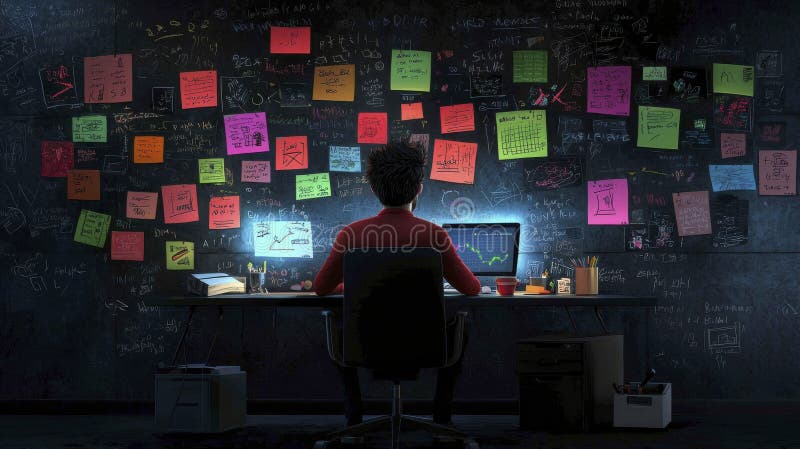 Young Professional Sitting at a Desk, Working Late at Night on a ...