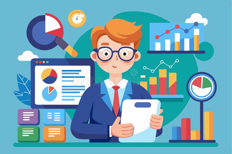 A Young Professional in a Suit Holds a Clipboard while Analyzing ...