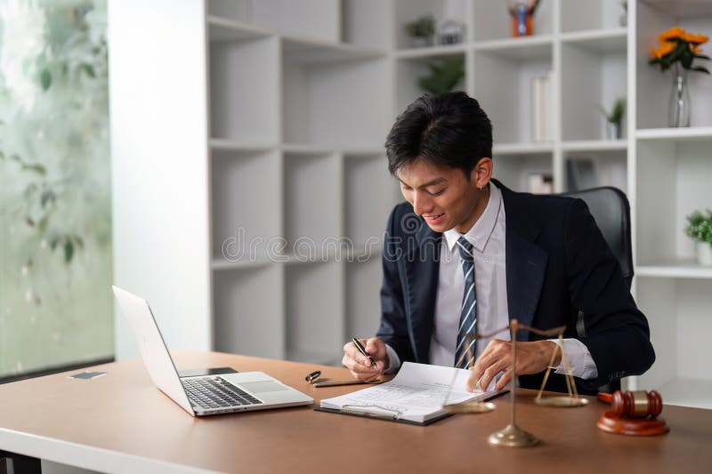 Young Professional in Suit Smiling while Taking Notes at Desk, Working ...