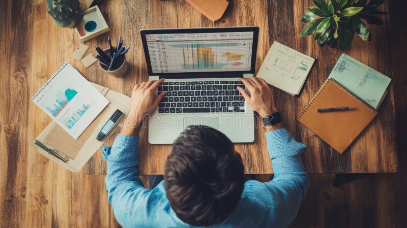 Young Professional Working on Laptop in Modern Workspace with Graphs ...