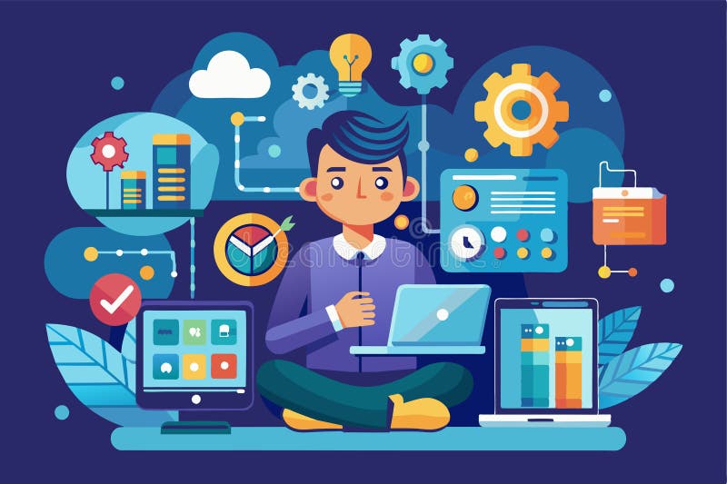 A Young Professional is Working on a Laptop, Surrounded by Icons ...