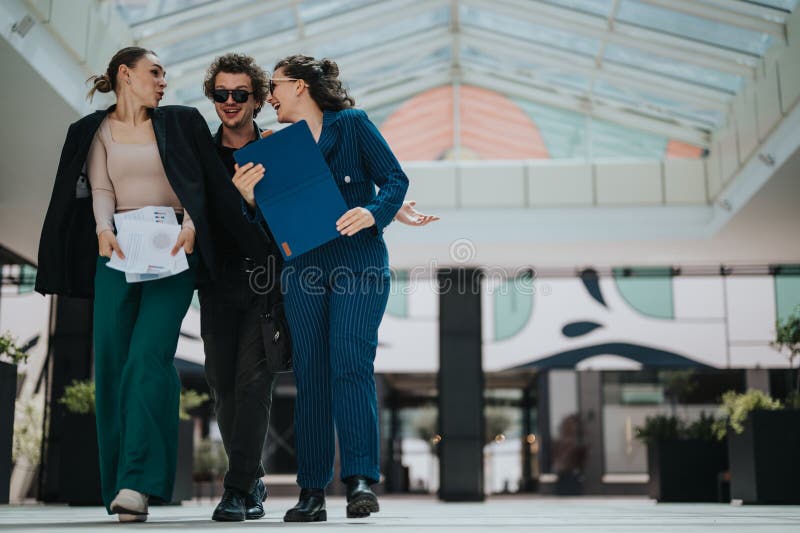 Young Professionals Walking and Laughing in Modern Business Setting ...