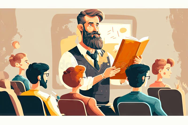 Young Professor Teaching with Beard in Classroom Talks with Students ...