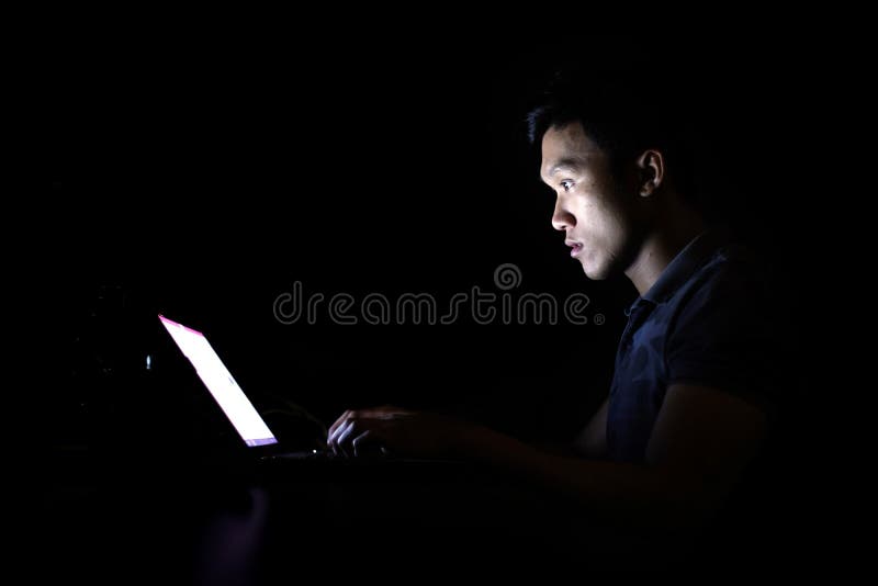 Young Programer Student Run Assignment with Laptop Alone at Midnight in ...