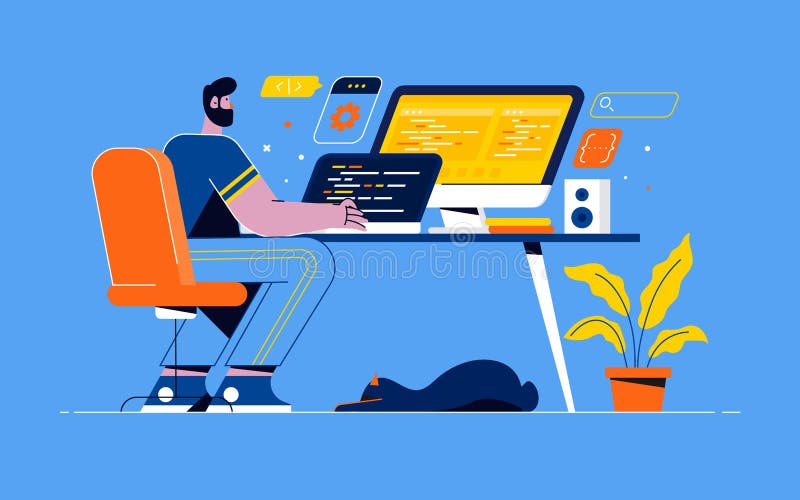 Programmer Concentrated at Working Project, Vector Concept Stock Vector - Illustration of worker ...