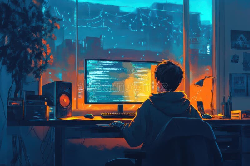 Young Coder Working From Home On Multiple Screens Programming Against