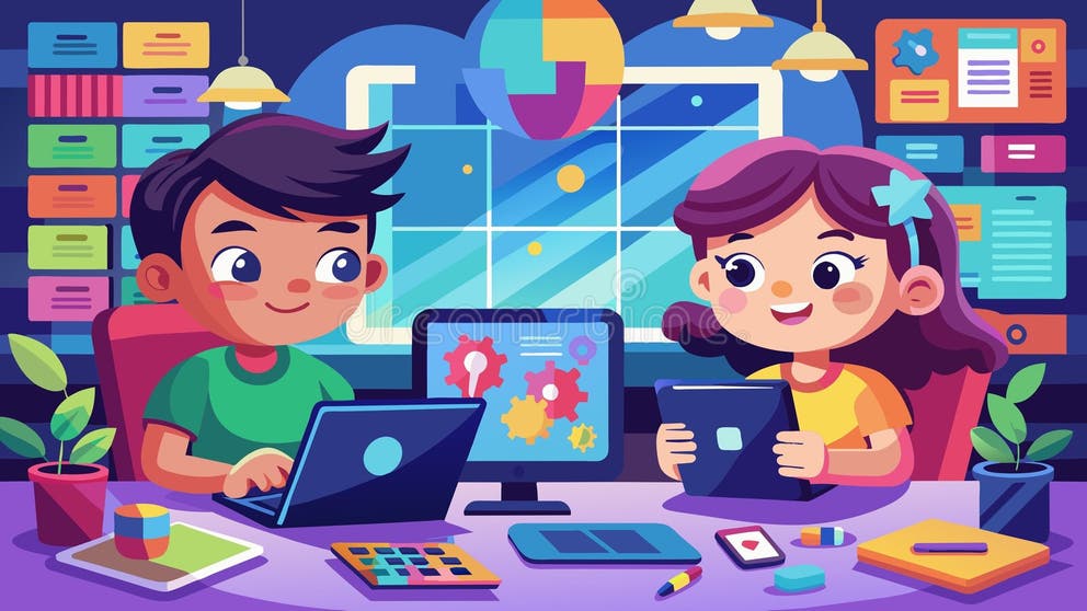 Young Programmers Coding on Computers in a Colorful Tech Workspace ...