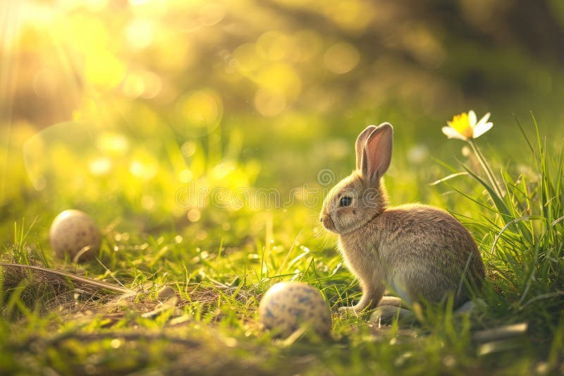 A Young Rabbit Explores a Nest Full of Easter Eggs in the Golden Hour ...