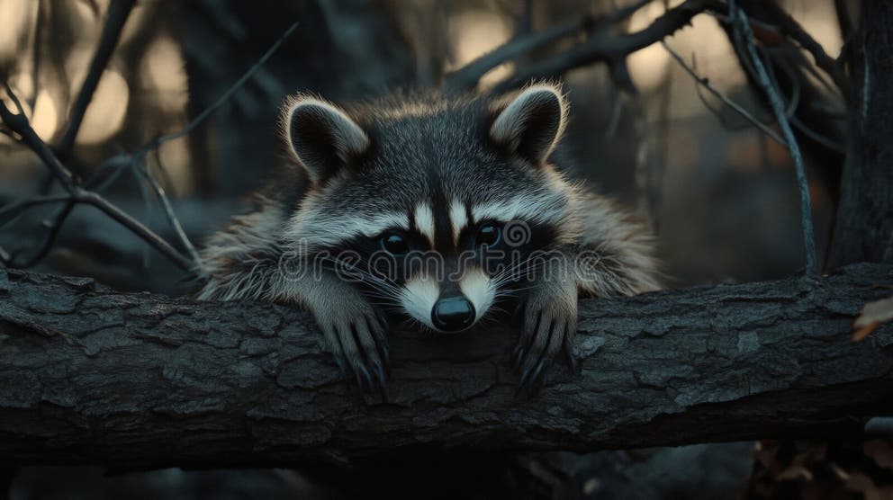 Young Raccoon on Dark Branches at Dusk Stock Illustration ...
