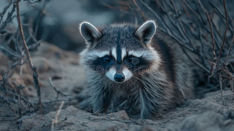 Young Raccoon in Dark Bushy Habitat Stock Illustration - Illustration ...
