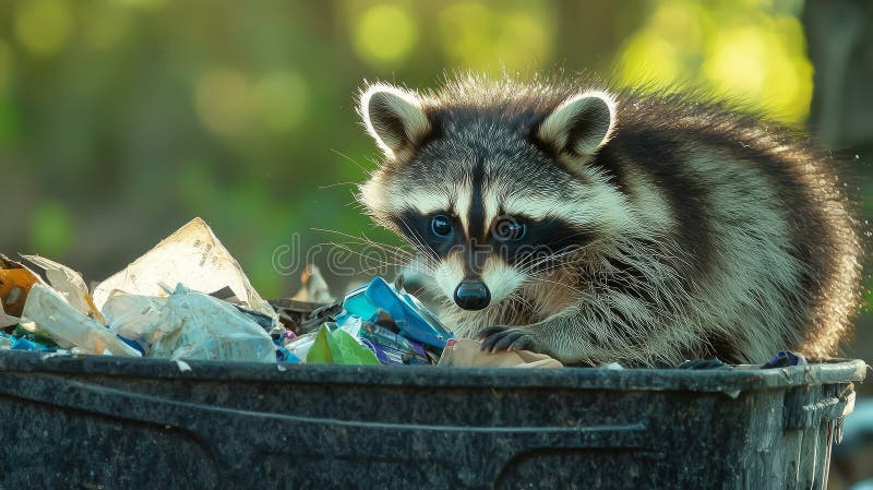 Young Raccoon Foraging through Trash in a Bin Stock Photo - Image of ...