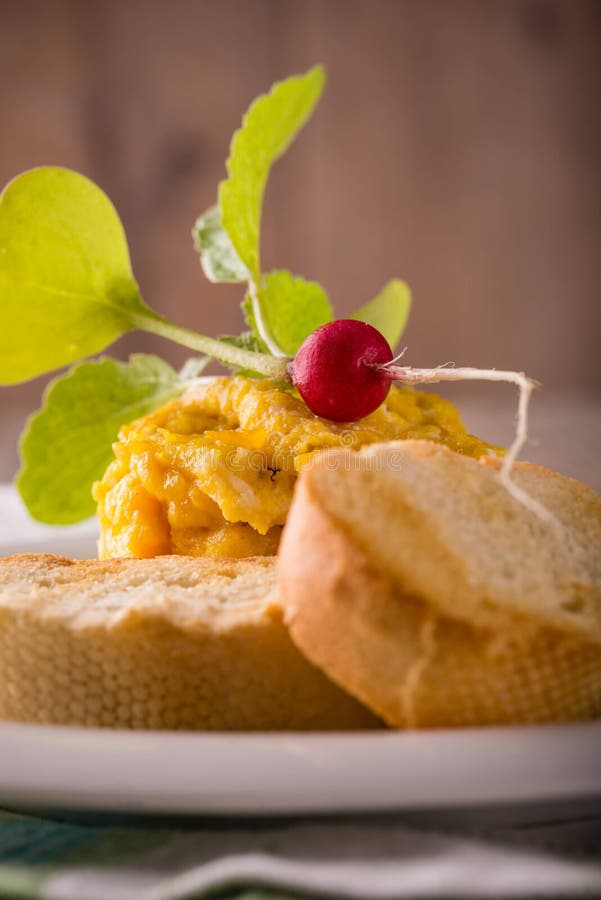 Young Radish on Scrambled Eggs with Pastry Stock Photo - Image of green ...