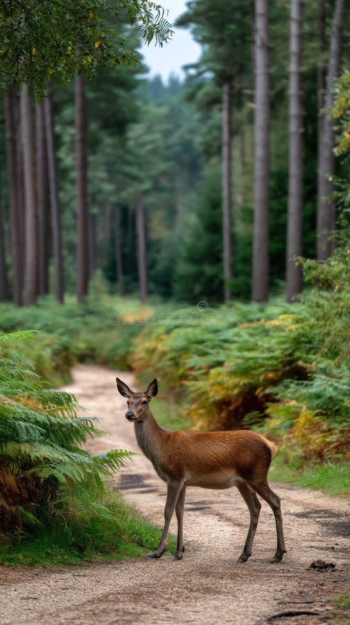 A Young Red Deer Stands on a Path in a Forest Under a Canopy of Trees ...