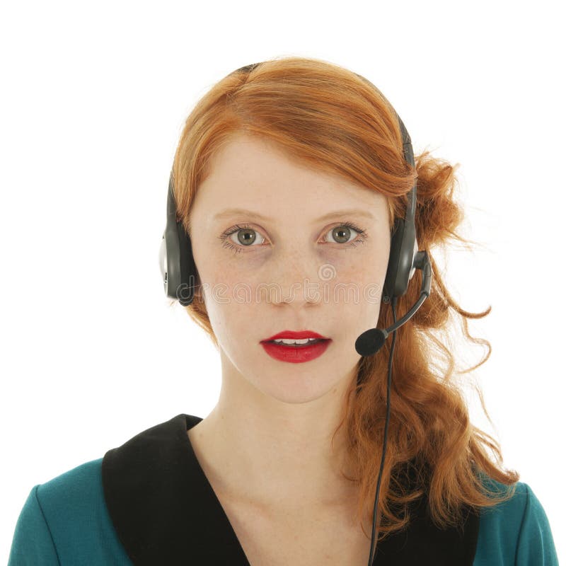 Young Red Haired Woman with Head Set Stock Image - Image of center ...