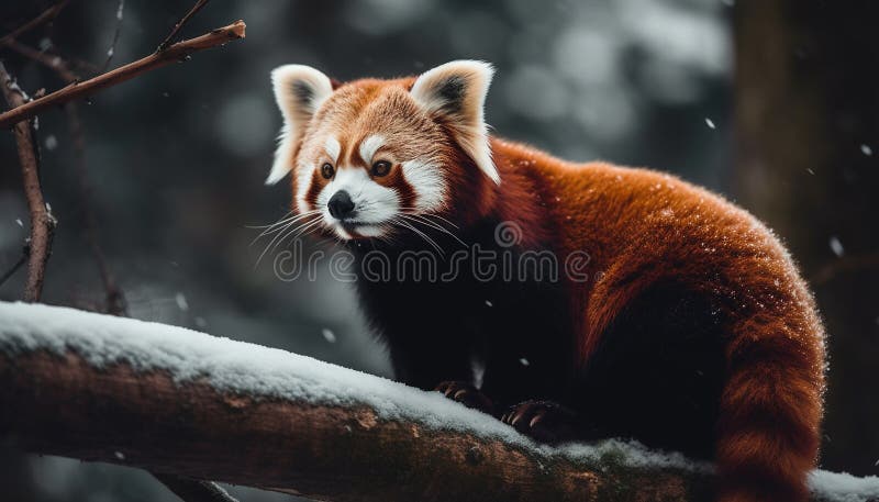 Young Red Panda Sitting on Snowy Branch Generated by AI Stock ...