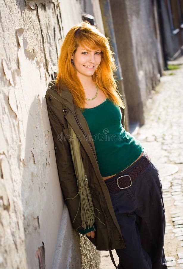 Young Redhead Girl Posing on Old Str Stock Image - Image of sunshine ...