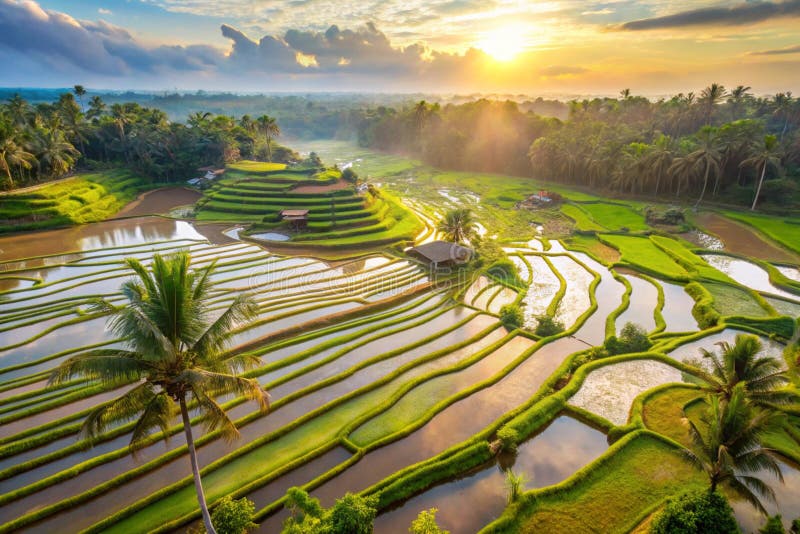 Young Rice Plants in Paddy Field Stock Illustration - Illustration of ...