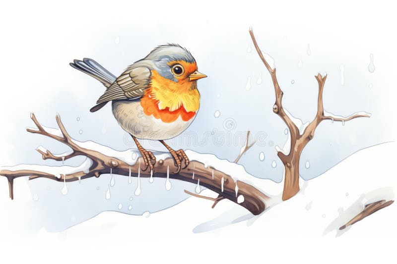 Young Robin Fluffing Feathers on a Snow-kissed Branch Stock Image ...