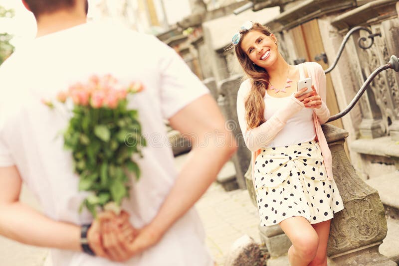 Young Romantic Couple on a Date in the City Stock Image - Image of rose ...