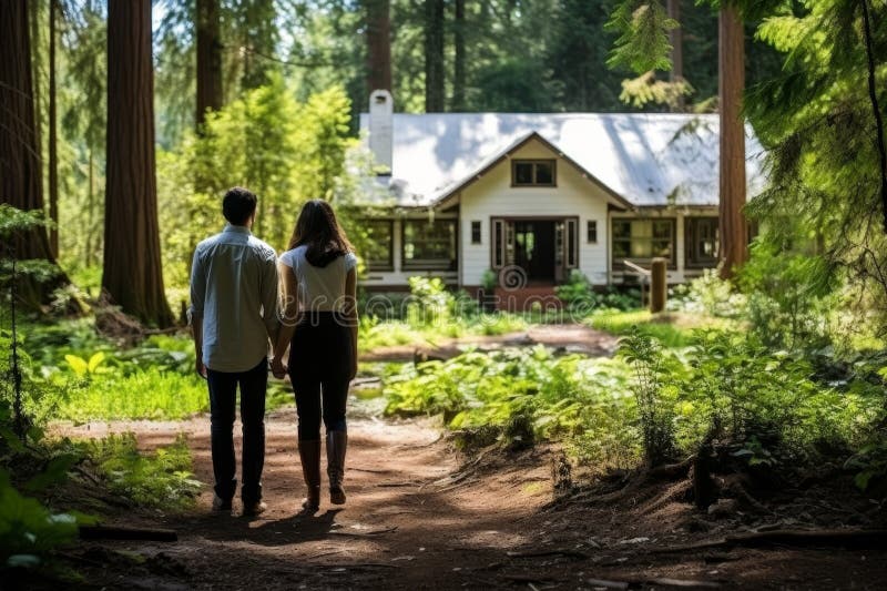 Young Romantic Couple Holding Hands in Front of Country House at Forest ...