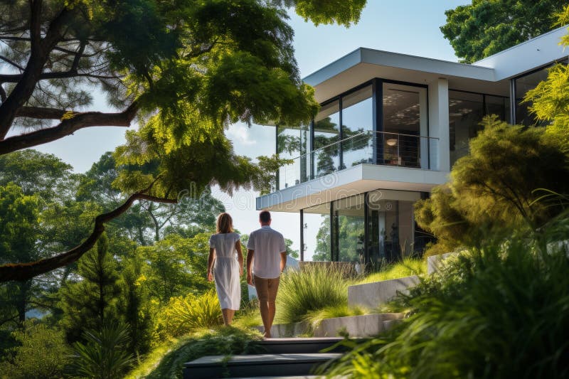 Young Romantic Couple Holding Hands and Looking at Their Modern Large ...