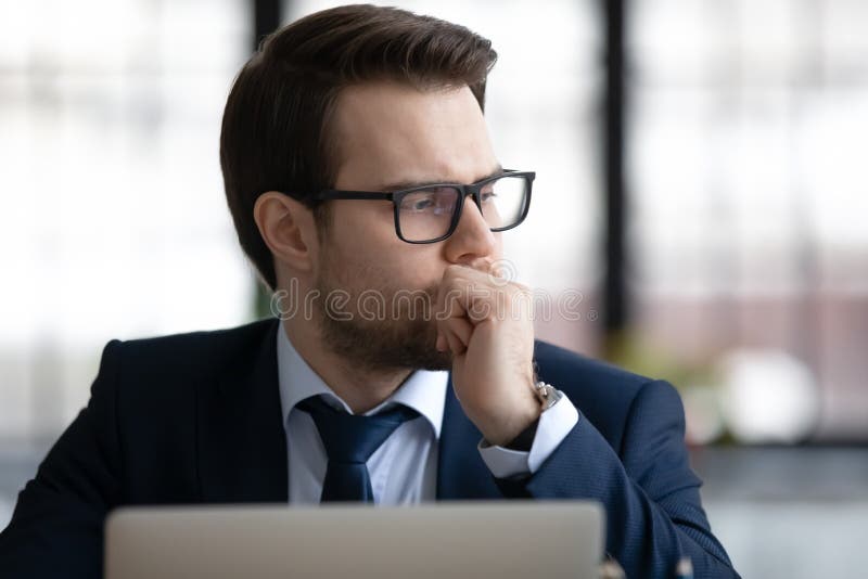 Young 30s Businessman in Eyewear Thinking on Problem Solution. Stock ...