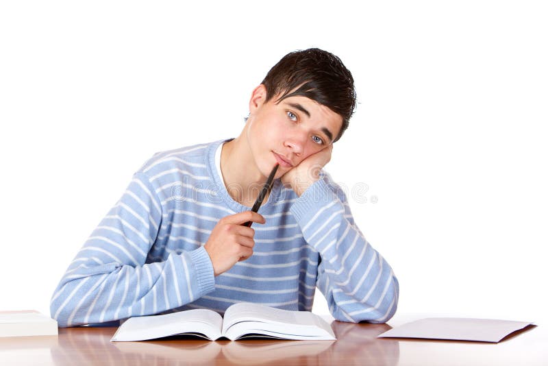 Young Sad Male Student Learns with Study Books Stock Photo - Image of ...