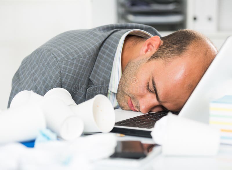 Young Sad Man Tired of Working and Sleeping Stock Image - Image of ...