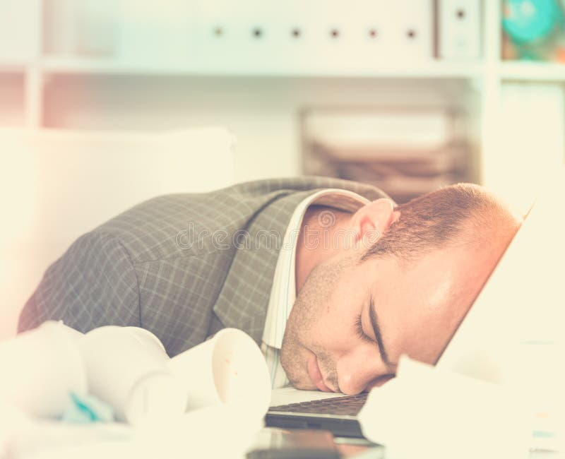 Young Sad Man Tired of Working and Sleeping Stock Image - Image of ...