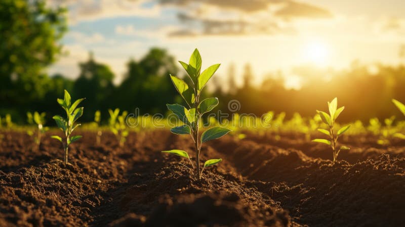 A Young Sapling Emerges in a Field at Sunset Stock Illustration ...