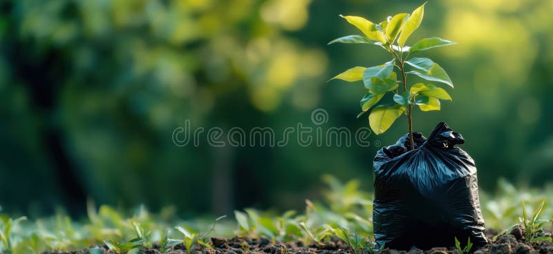 Young Sapling Emerging from Black Plastic Bag, Symbolizing ...