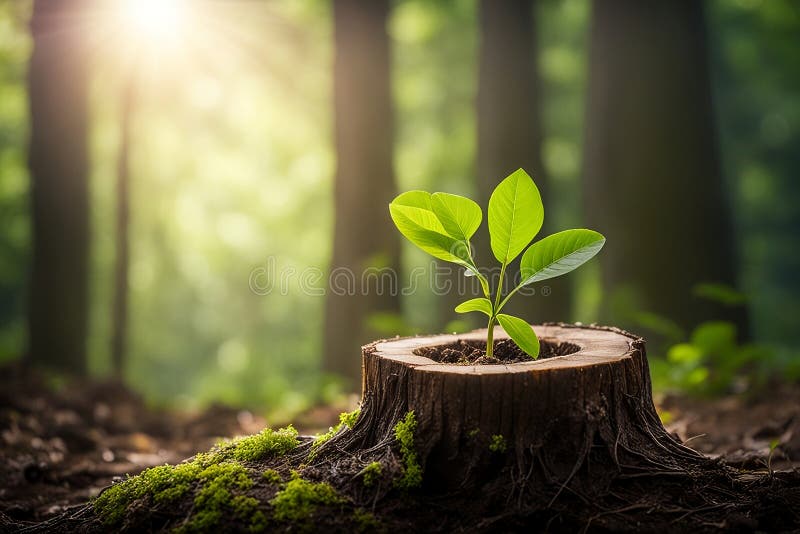 Young Sapling Sprouts from Tree Stump Stock Illustration - Illustration ...