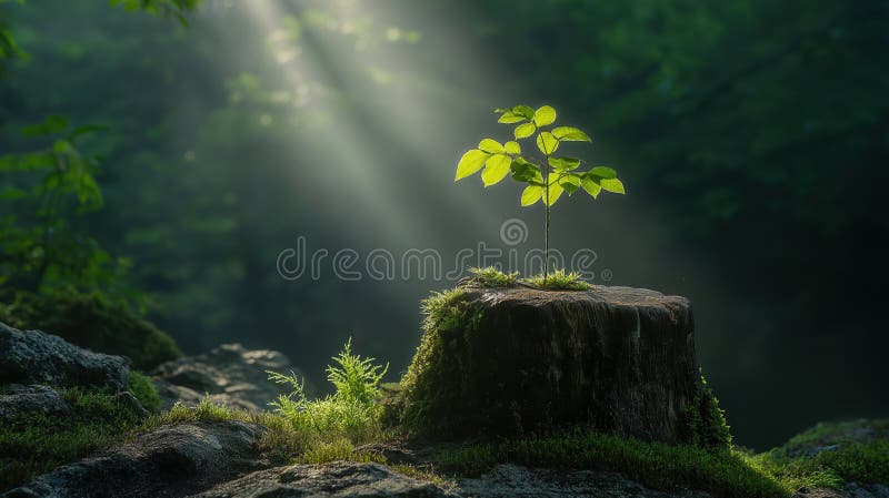 Young Sapling on a Tree Stump Illuminated by Sun Rays in a Lush Forest ...