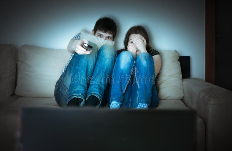 Young Scared Couple is Watching Horror on TV Stock Photo - Image of ...
