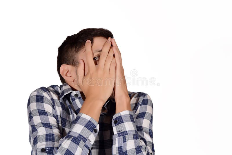 Young scared man. stock image. Image of indoors, concerned - 96572411