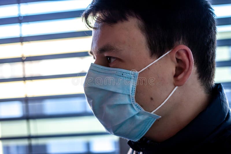 Young Scared Man in Surgical Blue Mask Selfie Stock Photo - Image of ...