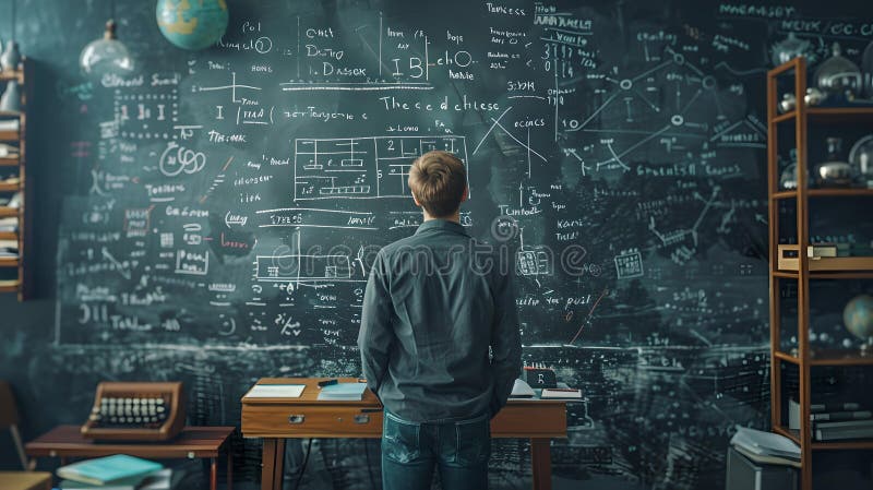 Young Scholar Contemplating Complex Equations on a Blackboard ...