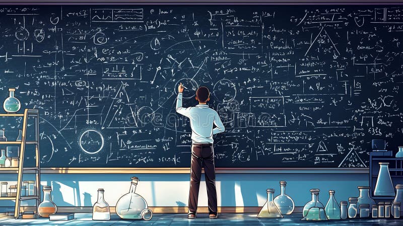 Young Scientist Analyzing Complex Formulas on a Chalkboard in a ...