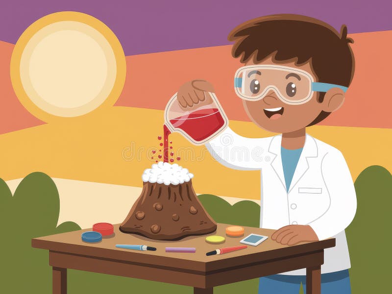 Young Scientist Conducting a Fun Volcano Experiment Outdoors in a Drawn ...