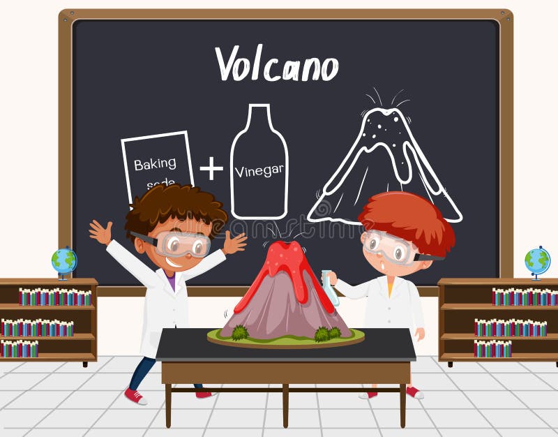Young Scientist Doing Volcano Experiment in Front of a Board in ...