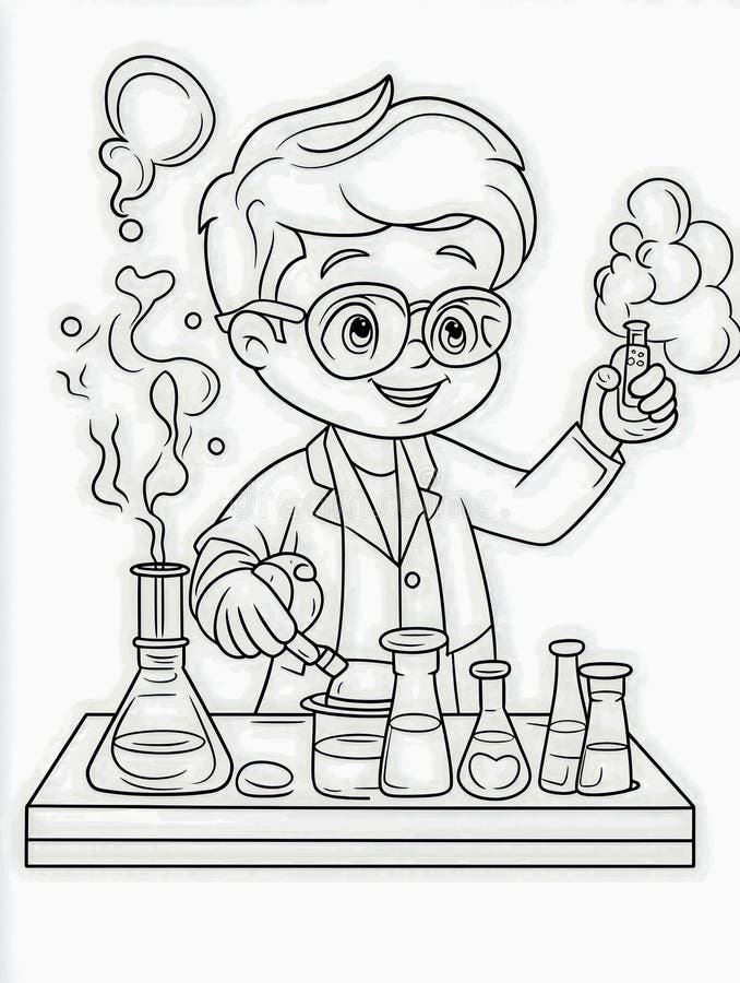 Young Scientist in a Lab Coloring Page Stock Illustration ...
