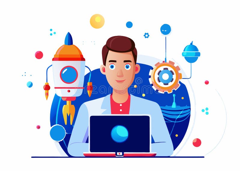 Young Scientist with Laptop and Rocket. Flat Vector Illustration Stock ...