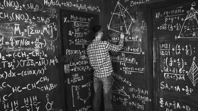 Young Scientist Man Write Chock in Chemical and Mathematical Equations ...